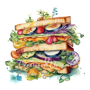 Veggie Sandwich Clipart Bundle- 10 High Quality Watercolor Jpgs- Vegan ...