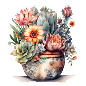 Cactus in Flower Pot Clipart Bundle- 10 High Quality Watercolor Jpgs ...
