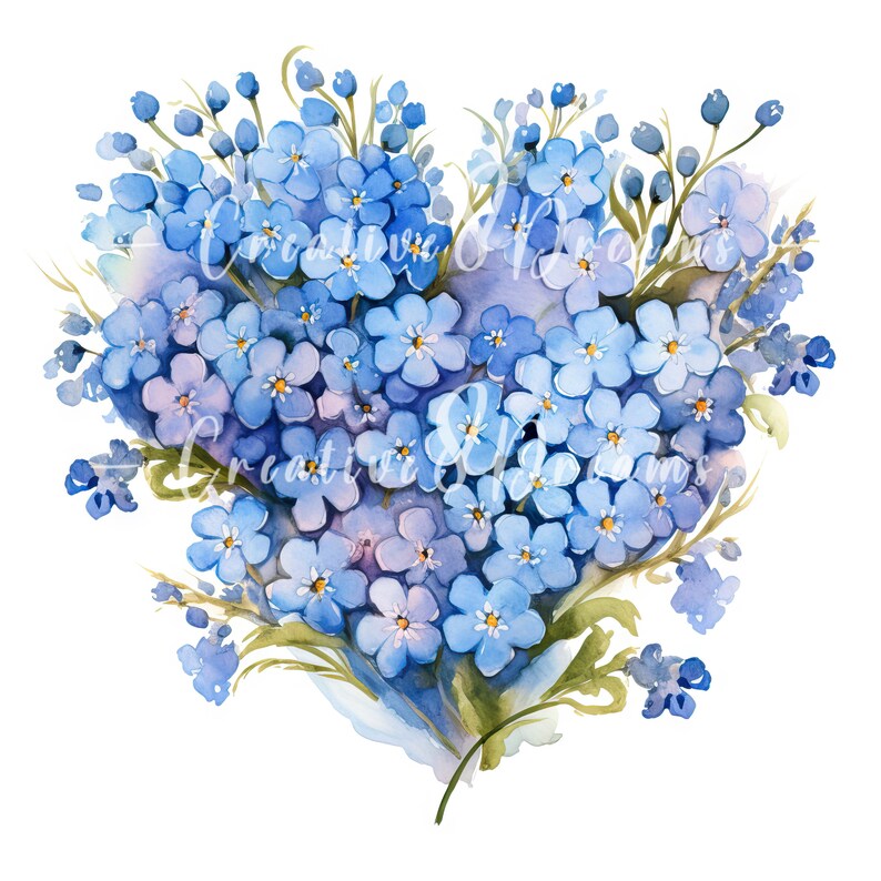 Heart Shaped Bouquet of Forget Me Not Flowers JPG Clipart Bundle ...