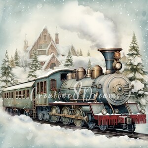 Vintage Christmas Train Leaving Snowy Town JPG Clipart Bundle- Digital ...