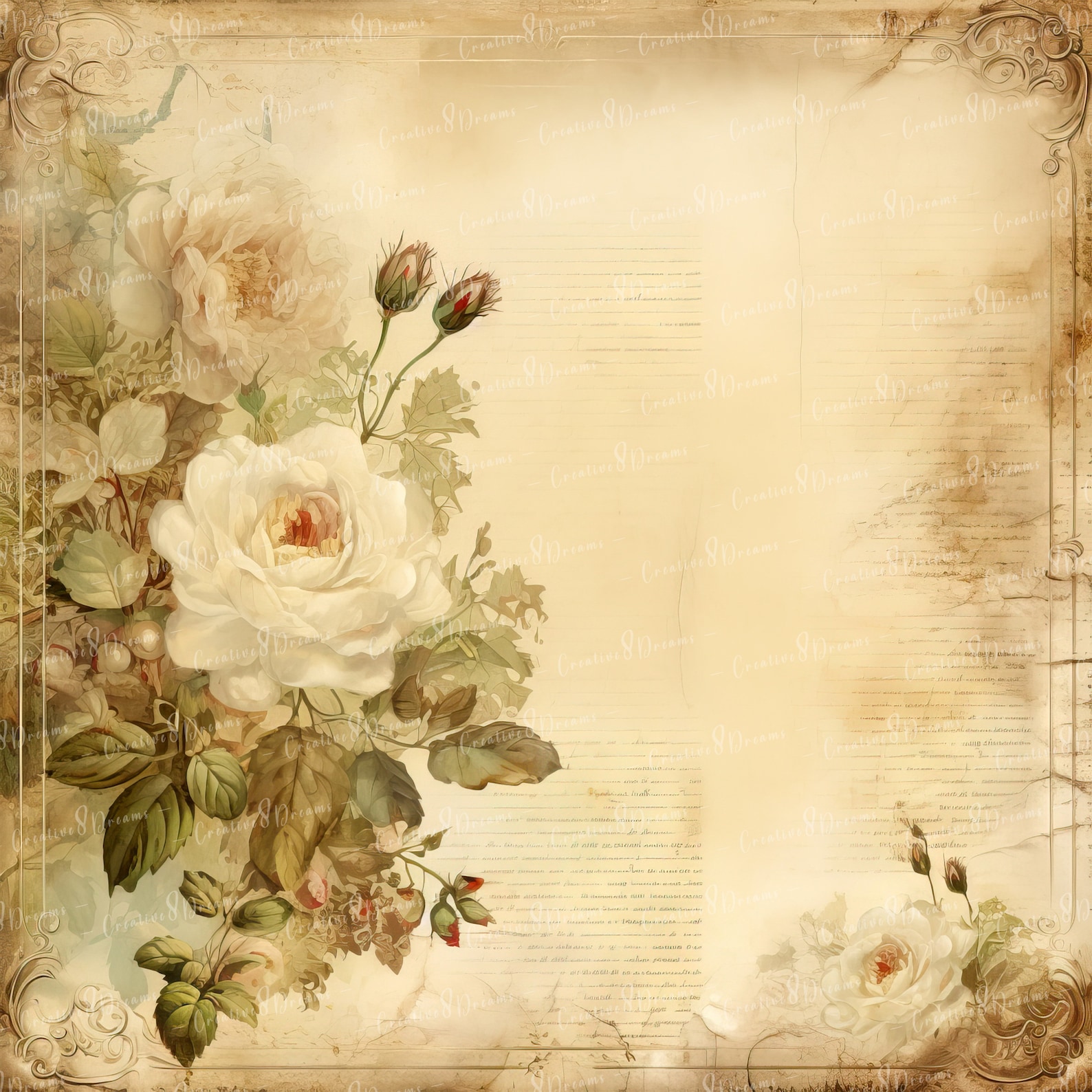 Vintage Aged Page With White Roses Clipart Bundle 10 High Quality ...