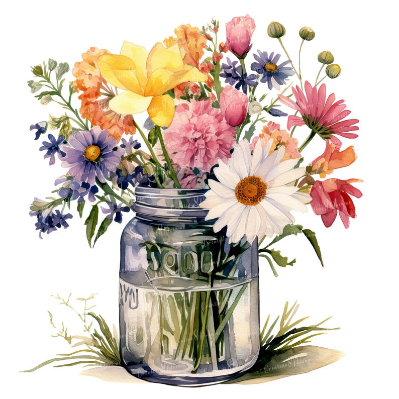 Wildflower Bouquet in Glass Jar PNG Clipart Bundle- Digital Download - Etsy