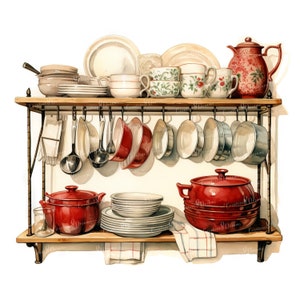 Retro Dish Drying Rack Clipart Bundle- 10 High Quality Watercolor Jpgs ...