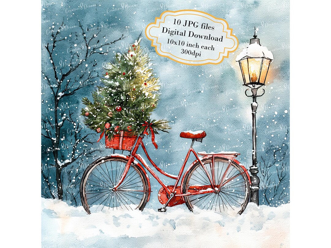 Vintage Red Bicycle With Christmas Tree in Winter JPG Clipart Bundle- Digital Download - Etsy