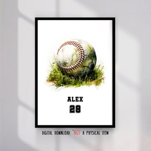 Watercolor Baseball Ball Art Personalized Custom Name and Number Sport ...