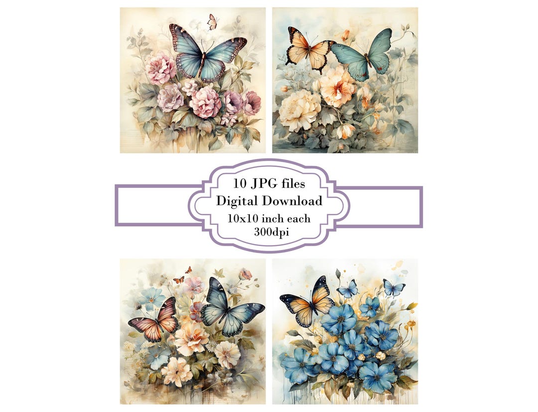 Shabby Chic Butterfly With Flowers JPG Clipart Bundle- Digital Download ...