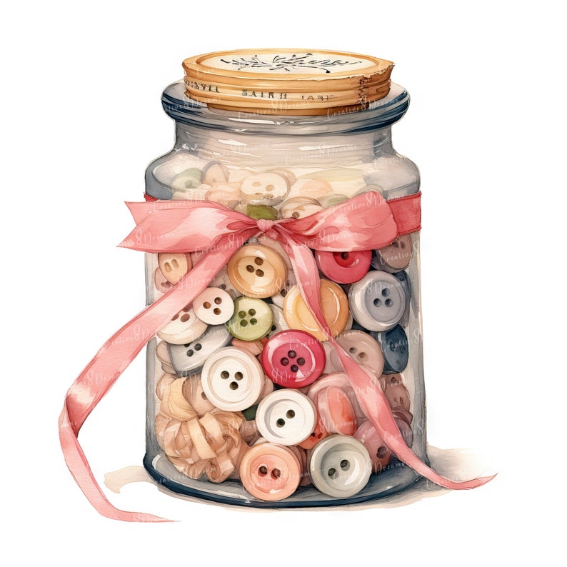 Vintage Sewing Buttons in a Jar With Ribbon PNG Clipart Bundle- Digital ...