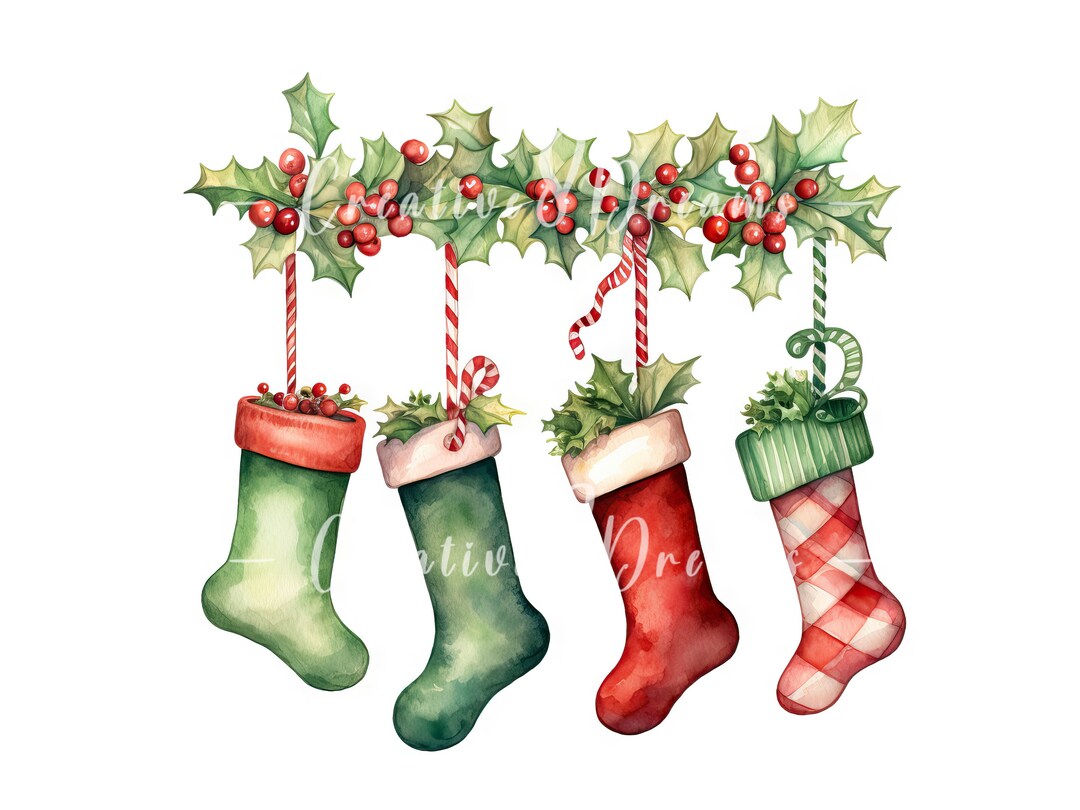 Christmas Stockings Clipart Bundle- 10 High Quality Watercolor Jpgs ...