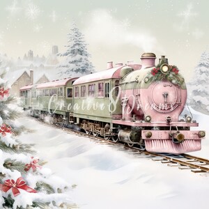 Vintage Pink Sage Christmas Train in Snowy Scenery Clipart Bundle- 10 ...