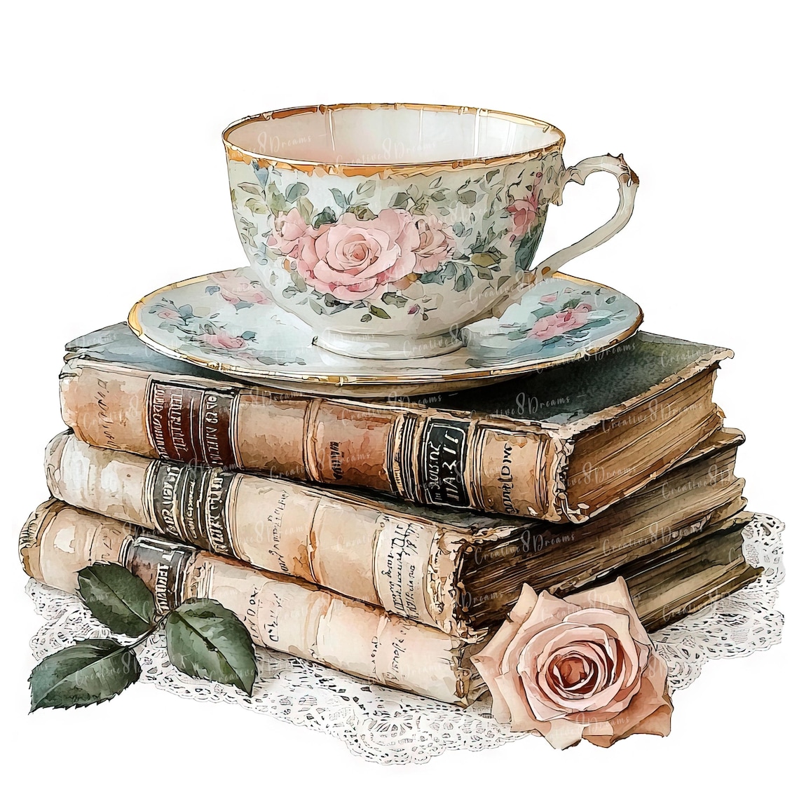 Vintage Teacup on Books With Pink Rose and Doily JPG Clipart Bundle ...