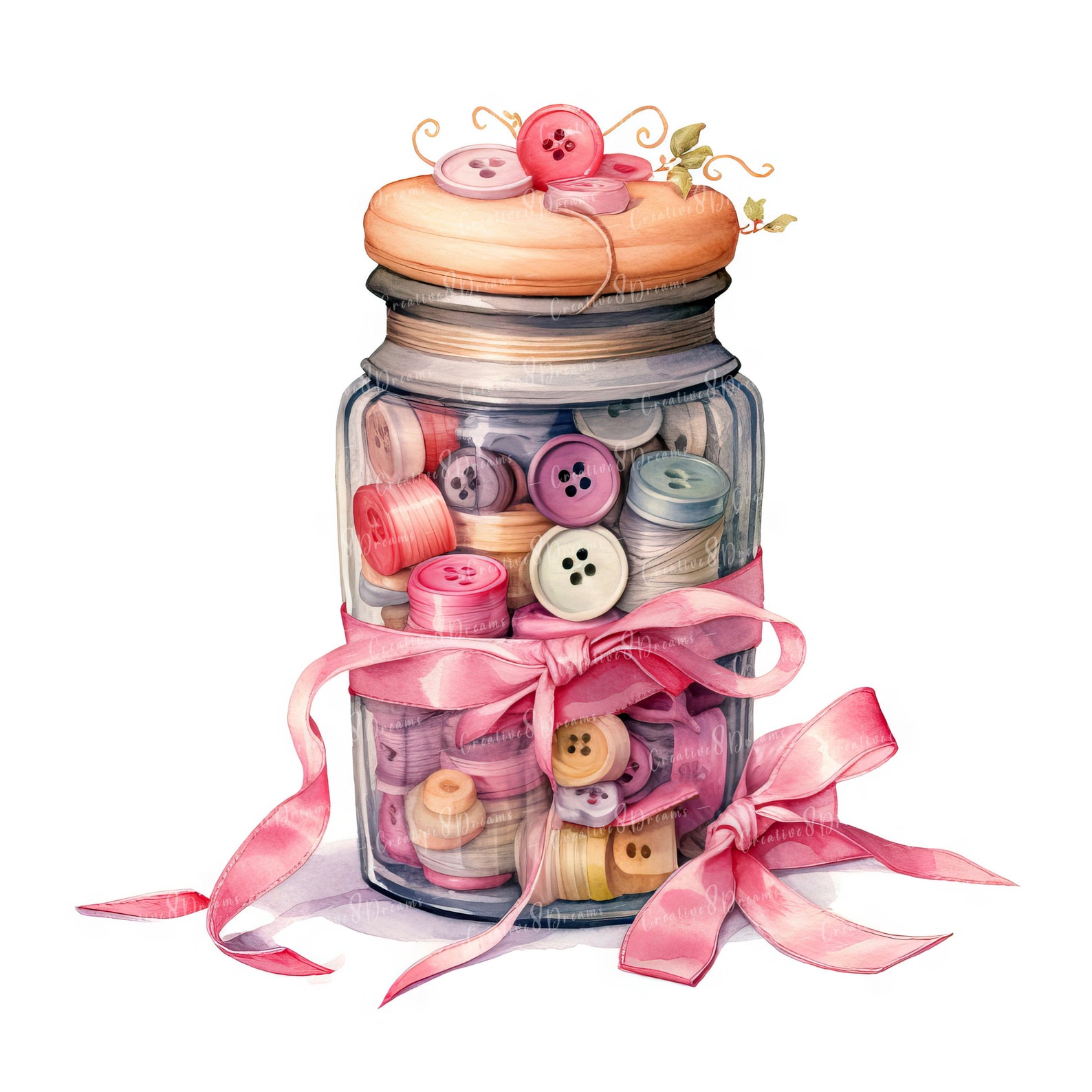 Vintage Sewing Buttons in a Jar With Ribbon PNG Clipart Bundle- Digital ...