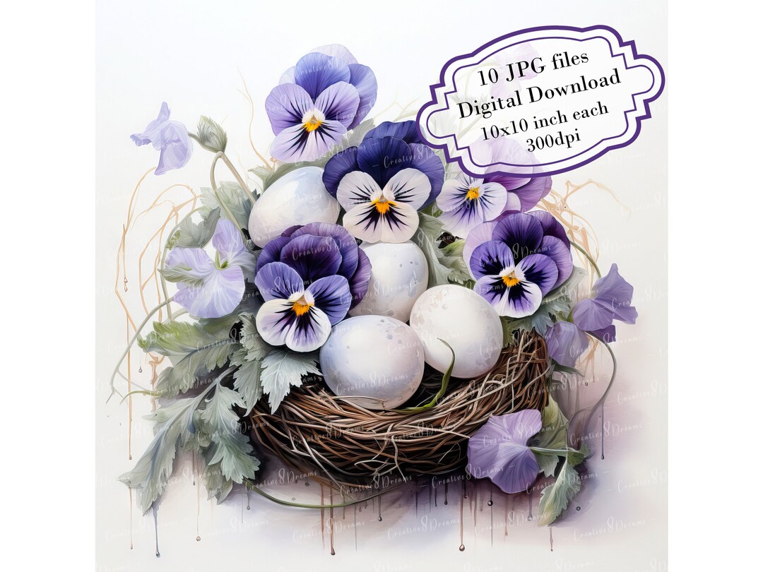 Pansies and Eggs in Nest Clipart Bundle- 10 High Quality Watercolor ...