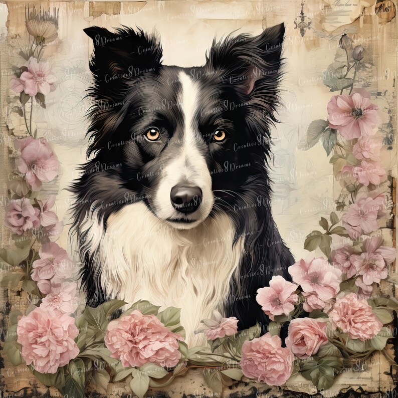 Shabby Chic Floral Border Collie JPG Clipart Bundle- Digital Download ...