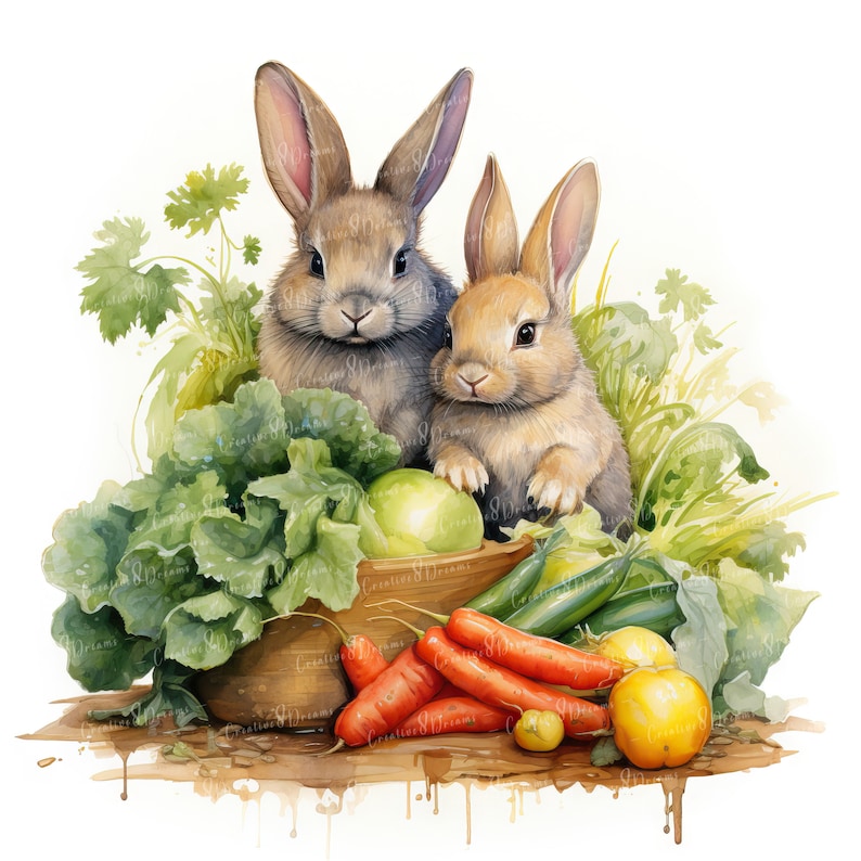 Little Bunnies in Vegetable Garden With Shack JPG Clipart Bundle ...