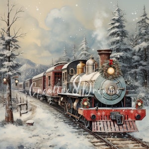 Vintage Christmas Train Leaving Snowy Town JPG Clipart Bundle- Digital ...