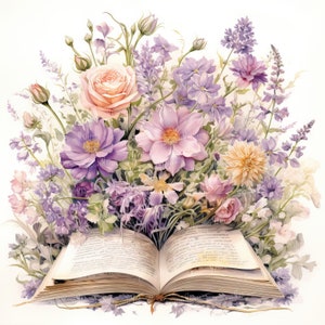 Open Book With Soft Purple Pink Flowers JPG Clipart Bundle- Digital ...