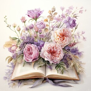 Open Book With Soft Purple Pink Flowers JPG Clipart Bundle- Digital ...