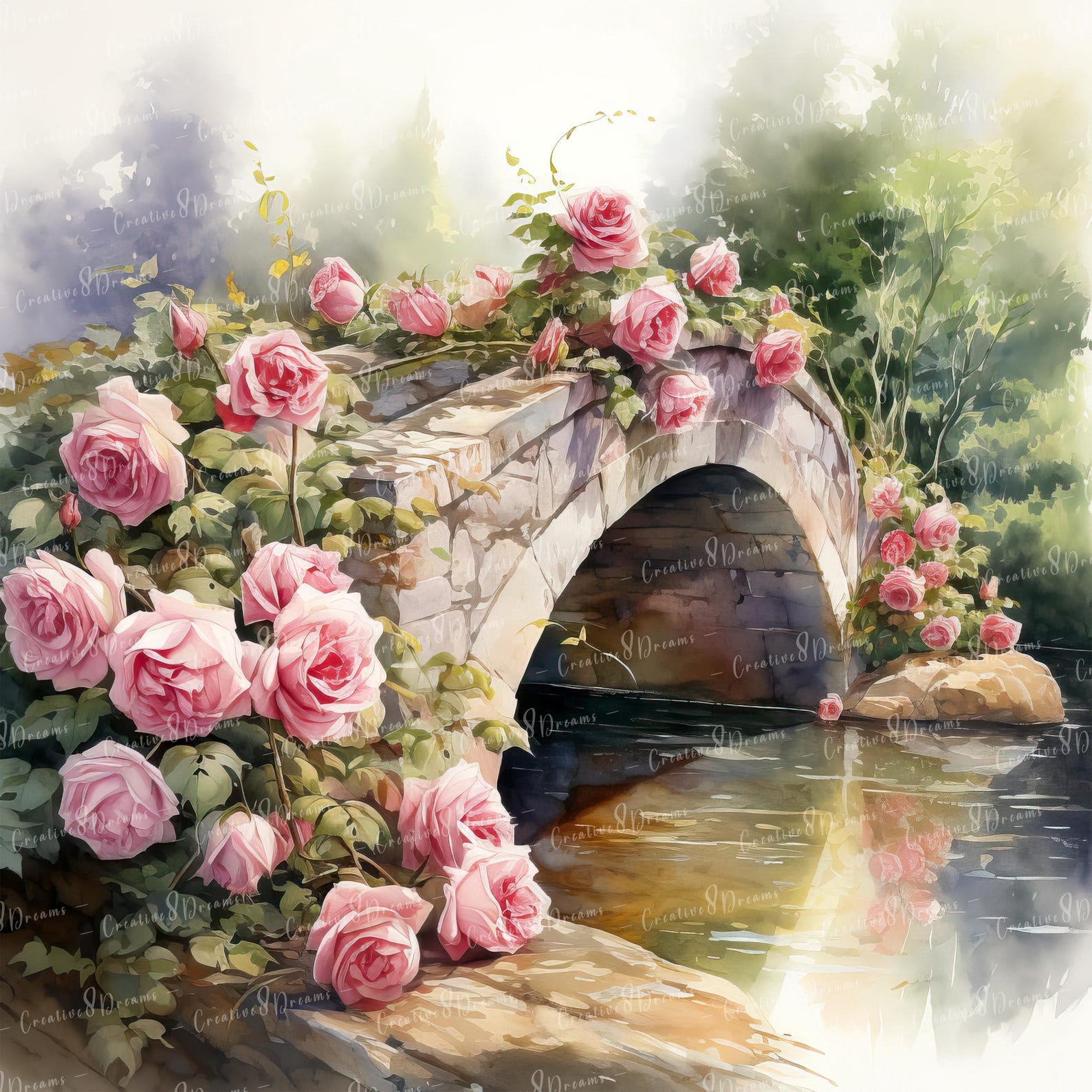 Shabby Chic Pink Roses on Stone Bridge Ruins JPG Clipart Bundle ...