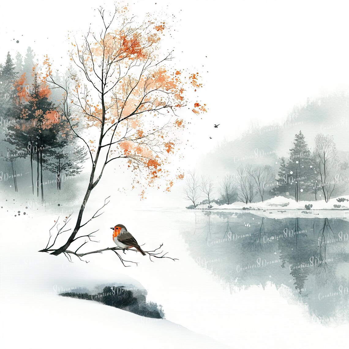 Red Winter Bird in a Snowy Winter Lake Scenery JPG Clipart Bundle ...