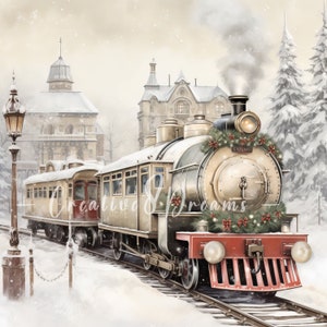 Vintage Christmas Train Leaving Snowy Town JPG Clipart Bundle- Digital ...