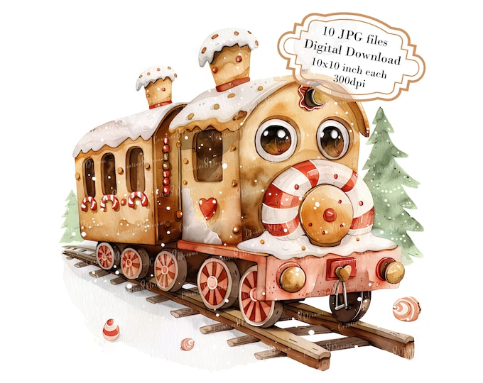 10 Gingerbread Train Clipart: Watercolor Christmas Holiday Cookie ...