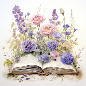Open Book With Soft Purple Pink Flowers JPG Clipart Bundle- Digital ...