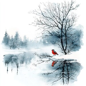 Red Winter Bird in a Snowy Winter Lake Scenery JPG Clipart Bundle ...
