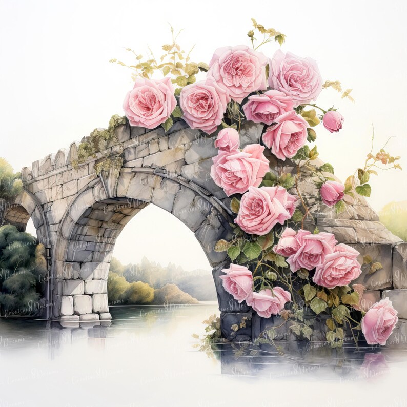 Shabby Chic Pink Roses on Stone Bridge Ruins JPG Clipart Bundle ...