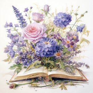 Open Book With Soft Purple Pink Flowers JPG Clipart Bundle- Digital ...