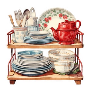 Retro Dish Drying Rack Clipart Bundle- 10 High Quality Watercolor Jpgs ...
