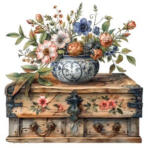 Wooden Box With Flowers and Antique Vase JPG Clipart Bundle- Digital ...