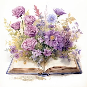 Open Book With Soft Purple Pink Flowers JPG Clipart Bundle- Digital ...