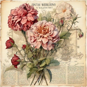 Beautiful Flowers on a Vintage Newspaper Clipart Bundle- 10 High ...