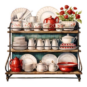Retro Dish Drying Rack Clipart Bundle- 10 High Quality Watercolor Jpgs ...