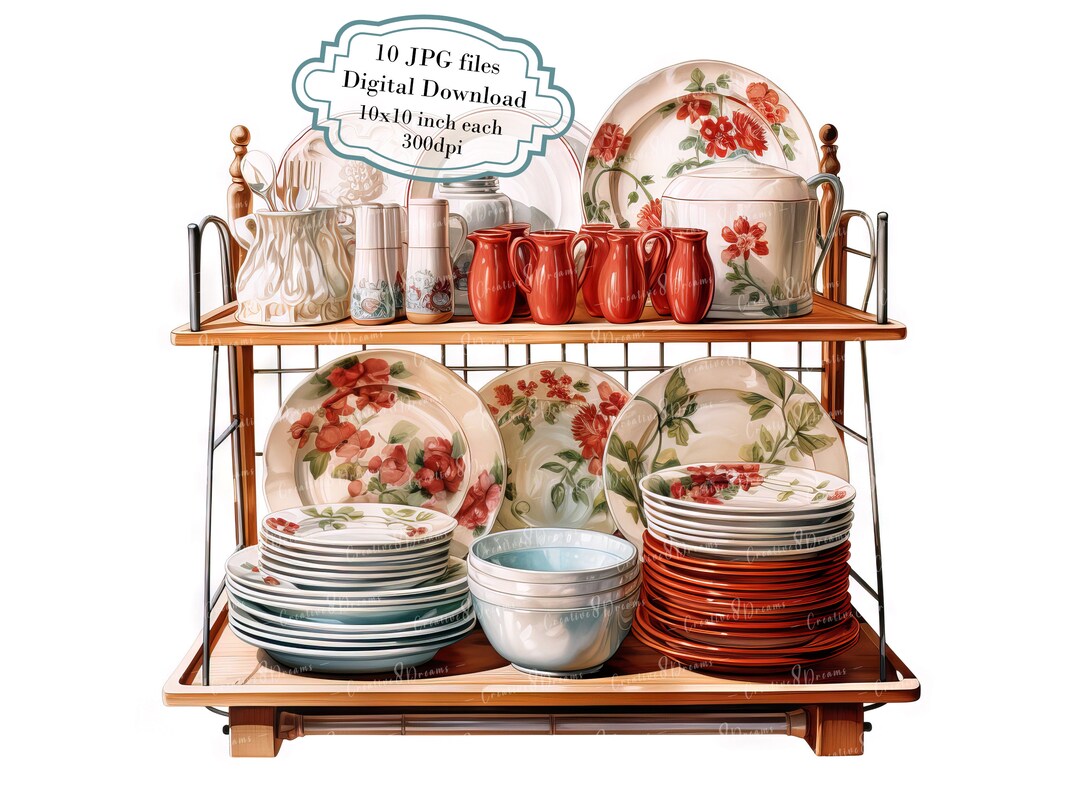 Retro Dish Drying Rack Clipart Bundle- 10 High Quality Watercolor Jpgs ...