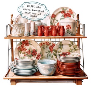 Retro Dish Drying Rack Clipart Bundle- 10 High Quality Watercolor Jpgs ...