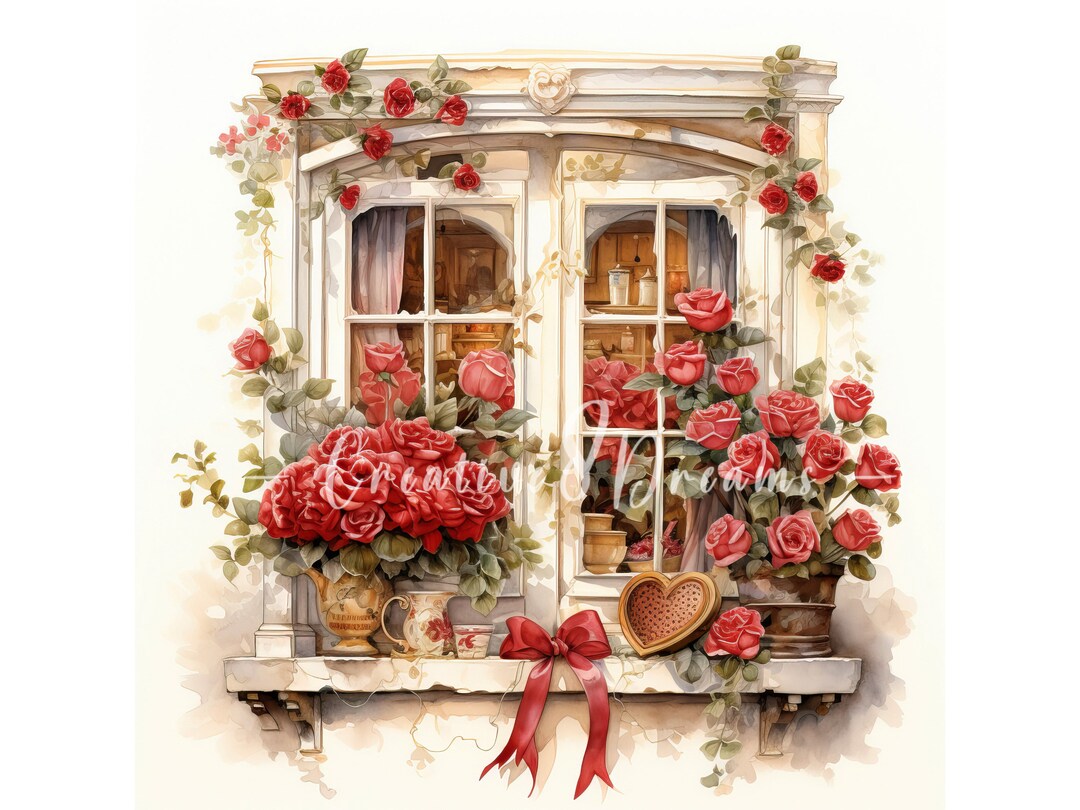 Romantic Valentine's Day Window With Hearts Clipart Bundle- 10 High ...