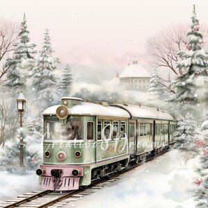 Vintage Pink Sage Christmas Train in Snowy Scenery Clipart Bundle- 10 ...
