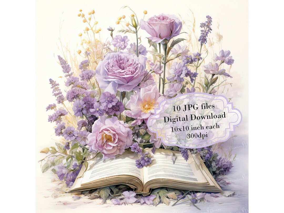 Open Book With Soft Purple Pink Flowers JPG Clipart Bundle- Digital ...