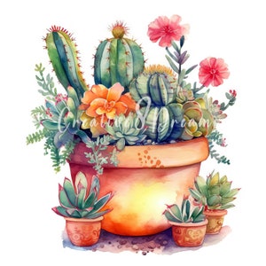 Cactus in Flower Pot Clipart Bundle- 10 High Quality Watercolor Jpgs ...