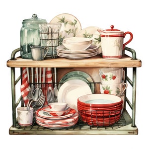Retro Dish Drying Rack Clipart Bundle- 10 High Quality Watercolor Jpgs ...