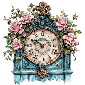 Vintage Rustic Teal Clock With Pink Roses PNG Clipart Bundle- Digital ...