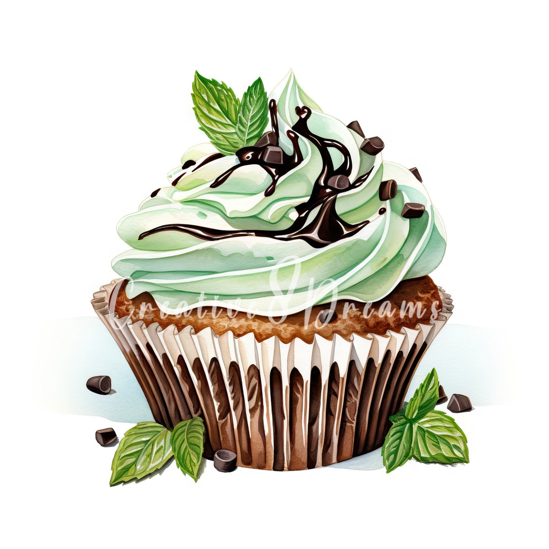 Chocolate Mint Cupcake Clipart Bundle- 10 High Quality Watercolor Jpgs ...