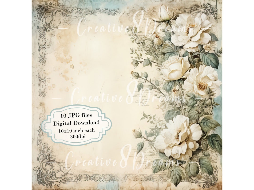 Vintage Page With White Roses Clipart Bundle- 10 High Quality ...
