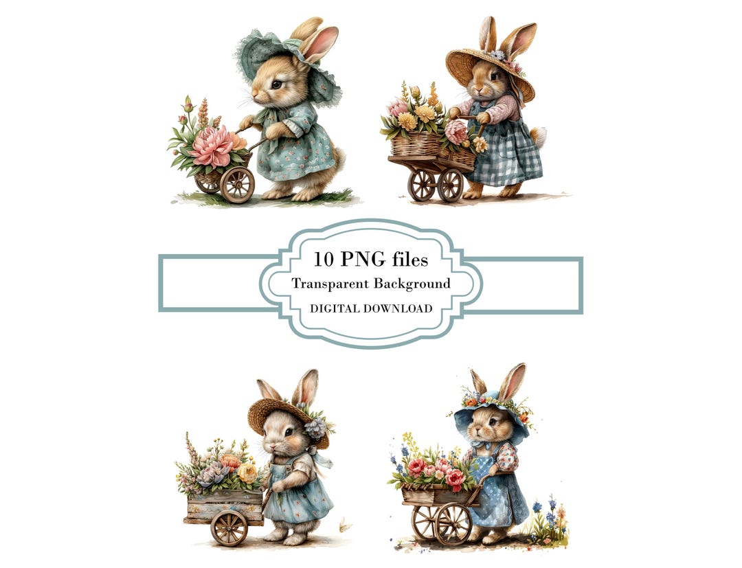 Little Bunny in Dress With Cart of Spring Flowers PNG Clipart Bundle ...