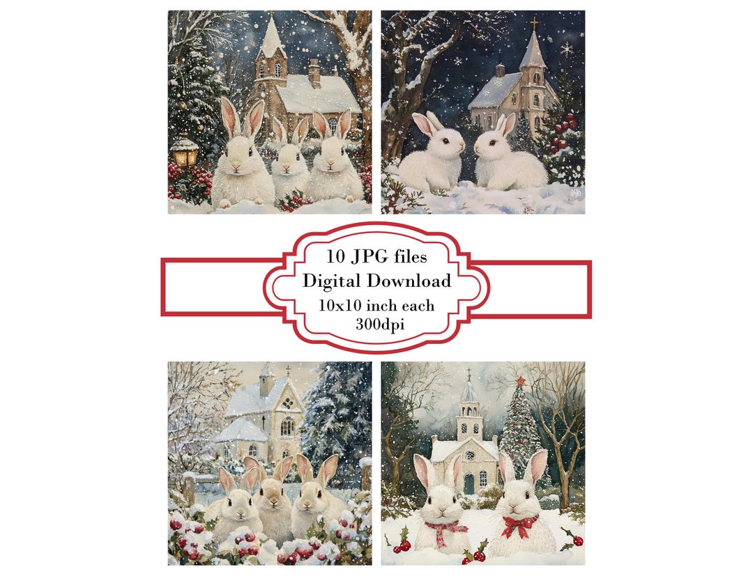 White Bunnies by a Church in Snowy Winter JPG Clipart Bundle- Digital ...