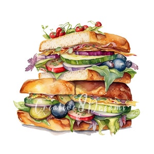 Veggie Sandwich Clipart Bundle- 10 High Quality Watercolor Jpgs- Vegan ...