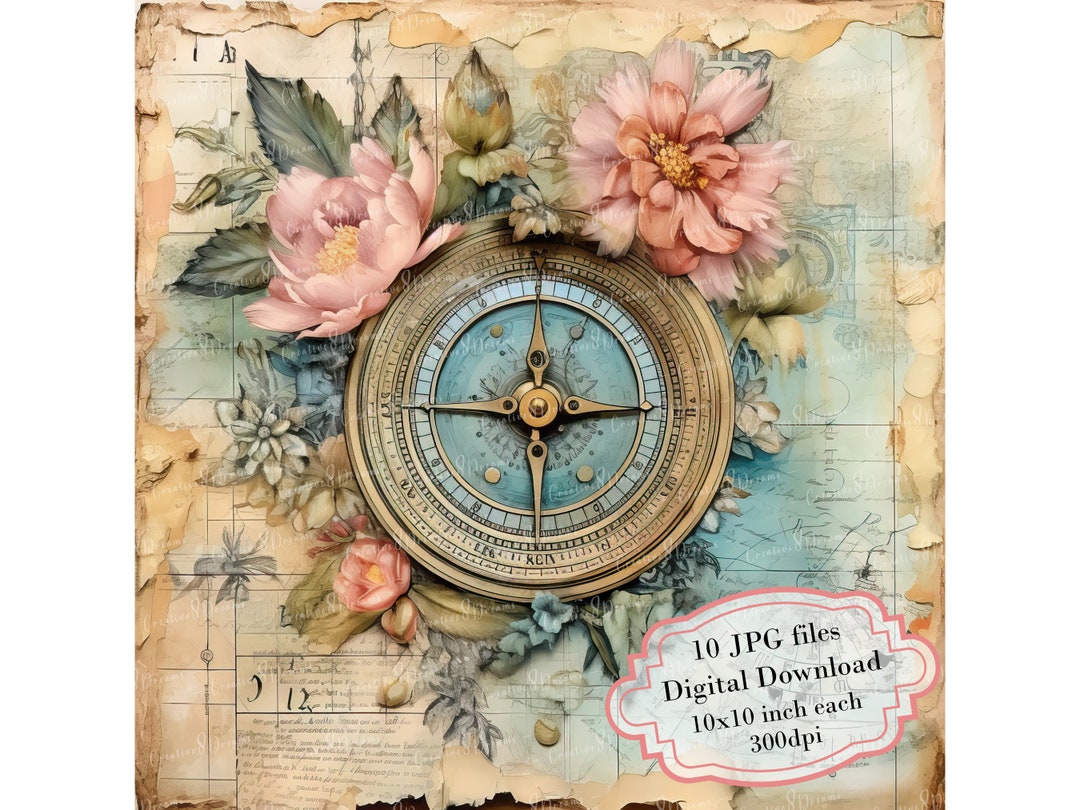 Shabby Chic Floral Compass and Map Clipart Bundle- 10 High Quality ...