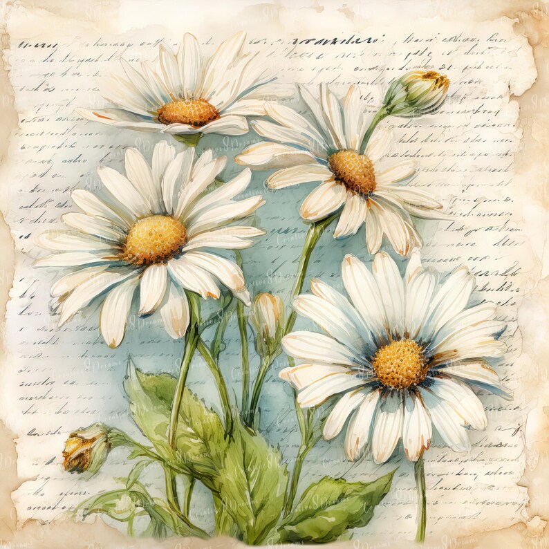 Daisies on a Vintage Handwritten Letter JPG Clipart Bundle- Digital ...