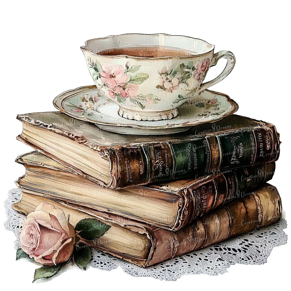 Vintage Teacup on Books With Pink Rose and Doily JPG Clipart Bundle ...